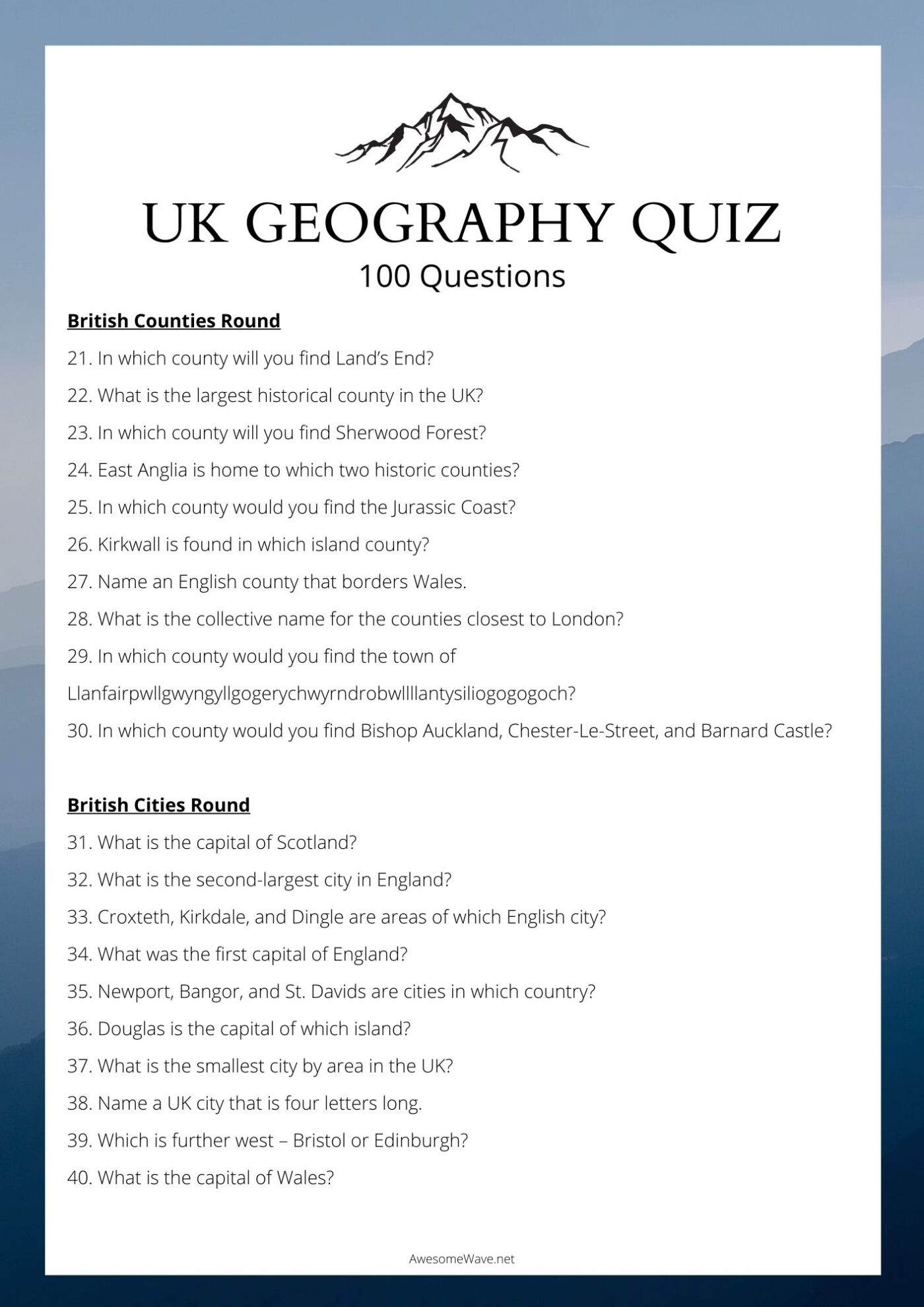 UK Geography Quiz | 100 British Trivia Questions inc. Picture Quiz
